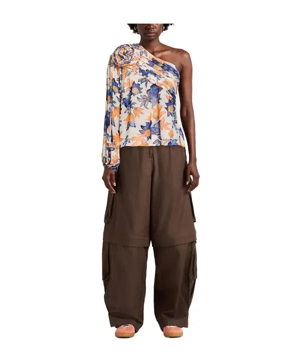 Farm Rio One-shoulder Floral Appliqué Blouse