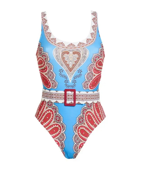Farm Rio Printed One-piece Swimsuit With Belt - Sky-blue