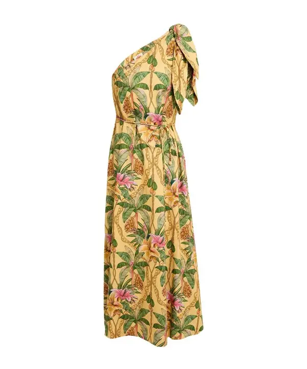 Farm Rio One-shoulder Hawaiian Print Belted Midi Dress - Yellow