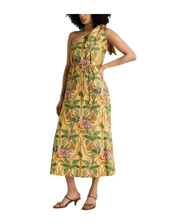 Farm Rio One-shoulder Hawaiian Print Belted Midi Dress