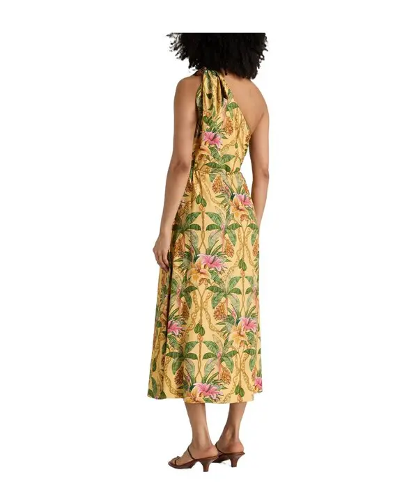 Farm Rio One-shoulder Hawaiian Print Belted Midi Dress