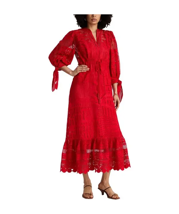 Farm Rio Long Sleeve V-neck Lace Maxi Dress With Belt