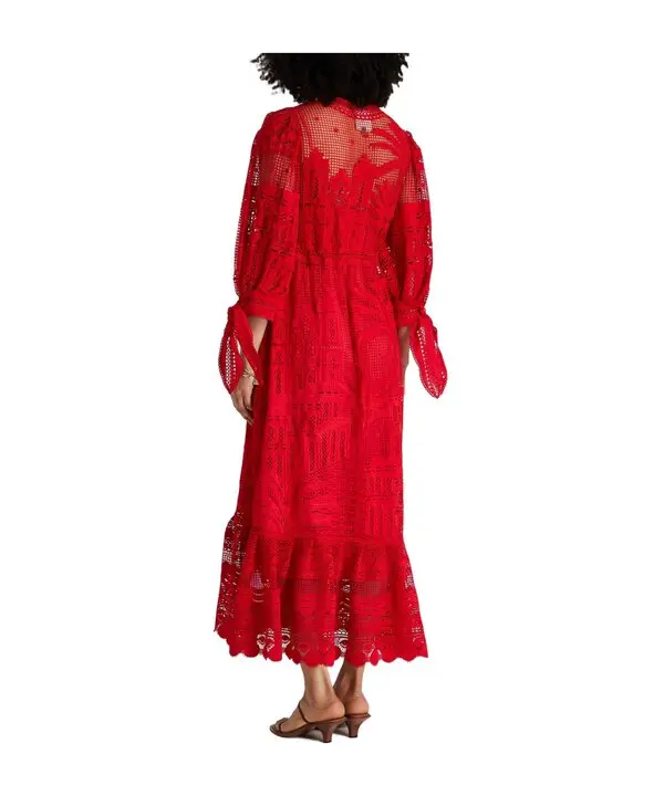 Farm Rio Long Sleeve V-neck Lace Maxi Dress With Belt