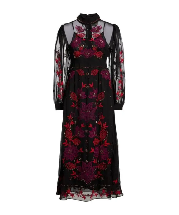 Farm Rio Embroidered Floral Maxi Dress With Metallic Accents