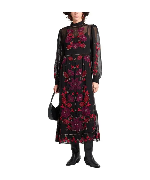 Farm Rio Embroidered Floral Maxi Dress With Metallic Accents