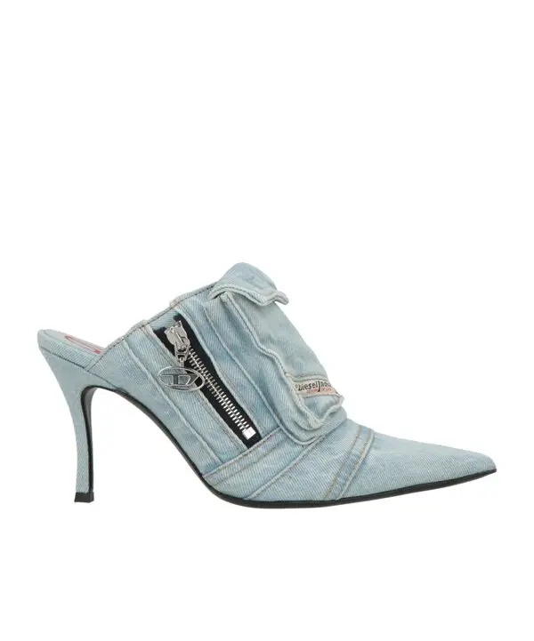 DIESEL® Denim Mules With Pointed Toe And Zip-up Detailing