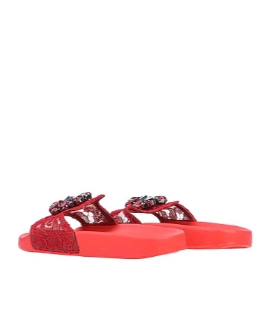 Dolce & Gabbana Embellished Lace Slides - Red