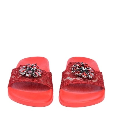 Dolce & Gabbana Embellished Lace Slides - Red