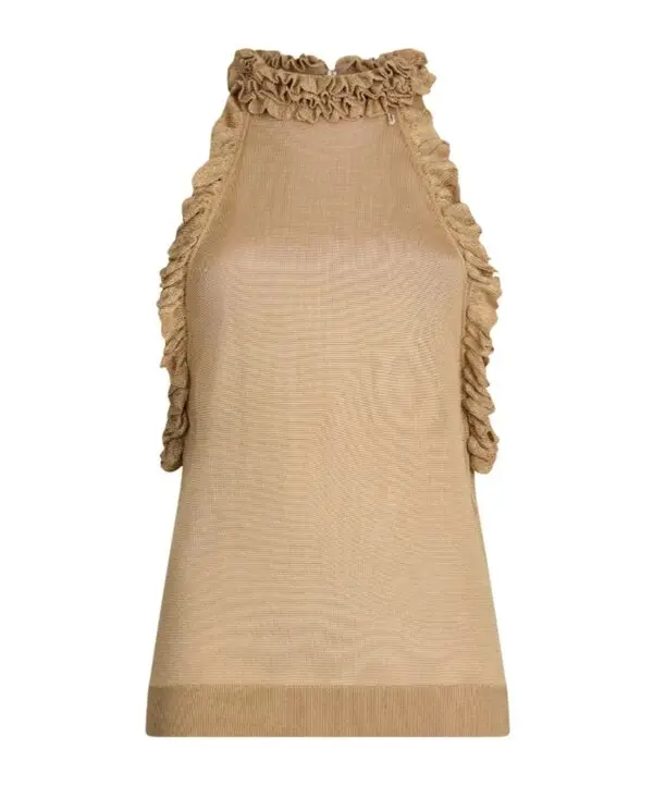 Liu Jo Knit Halter Neck Top With Ruffle Trim - Caramel