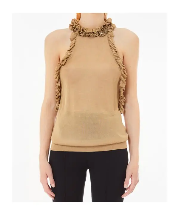 Liu Jo Knit Halter Neck Top With Ruffle Trim - Caramel