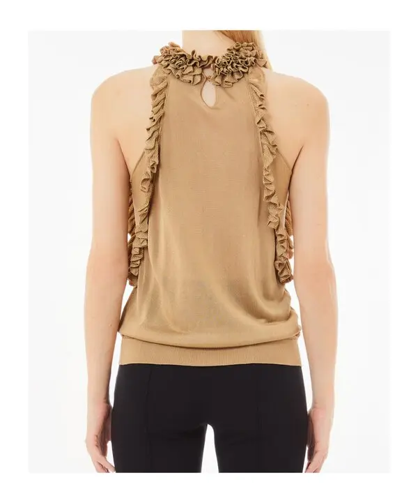 Liu Jo Knit Halter Neck Top With Ruffle Trim - Caramel