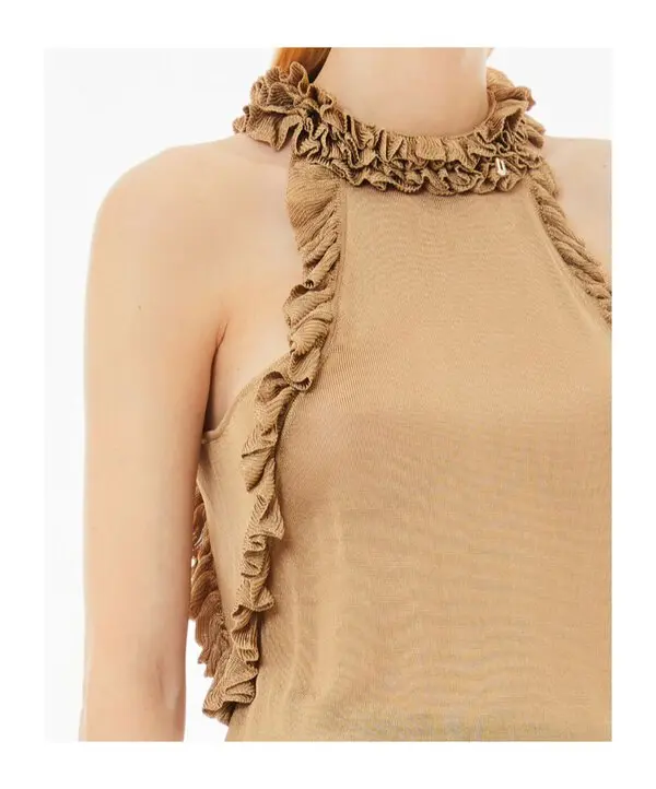 Liu Jo Knit Halter Neck Top With Ruffle Trim - Caramel
