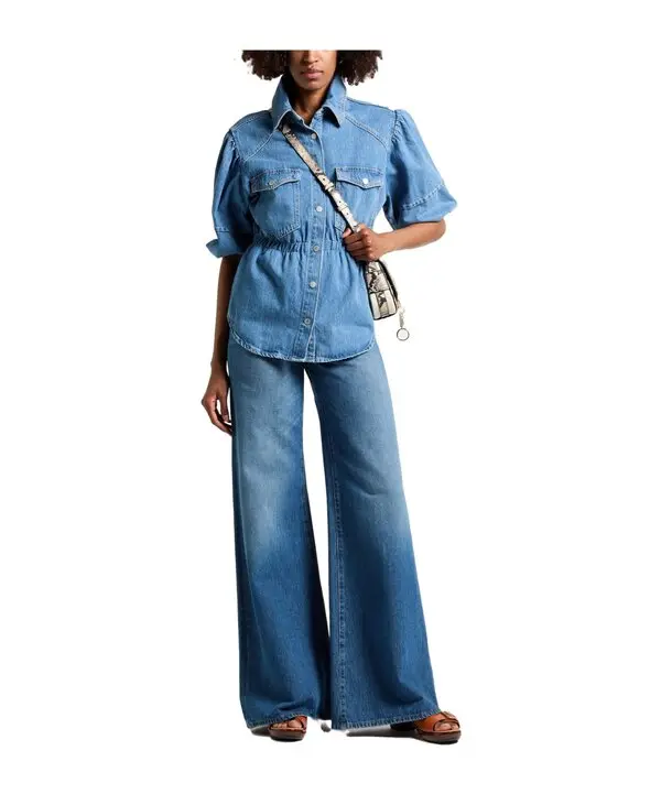 Farm Rio Medium Wash Denim Puff Sleeve Shirt