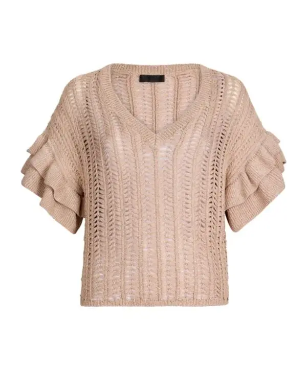 Liu Jo V-neck Knit T-shirt With Ruffled Sleeves - Caramel