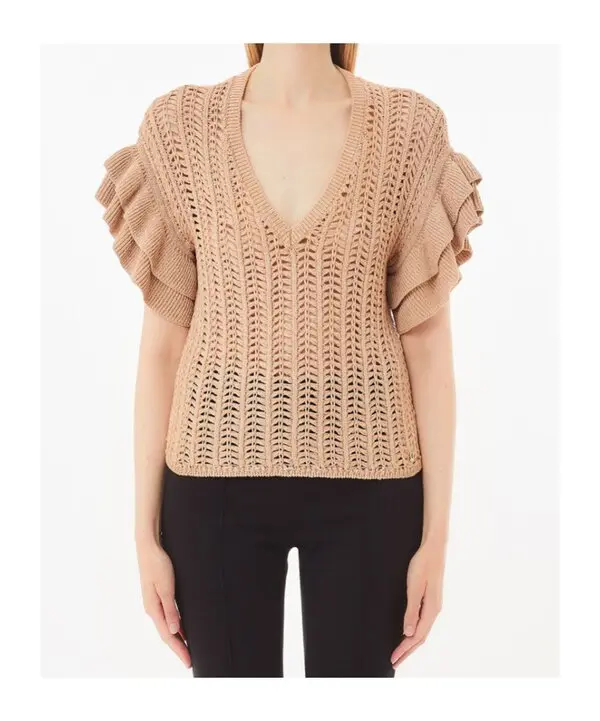 Liu Jo V-neck Knit T-shirt With Ruffled Sleeves - Caramel