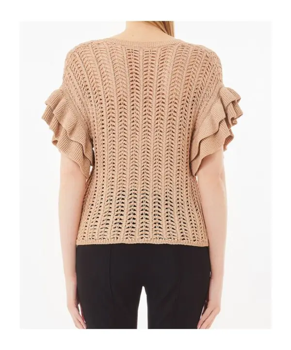 Liu Jo V-neck Knit T-shirt With Ruffled Sleeves - Caramel