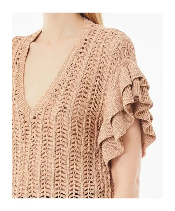 Liu Jo V-neck Knit T-shirt With Ruffled Sleeves - Caramel