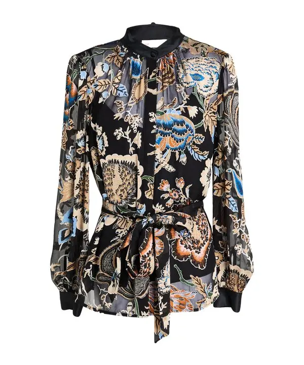 Tory Burch Floral Print Satin Shirt With Mandarin Collar And Belt