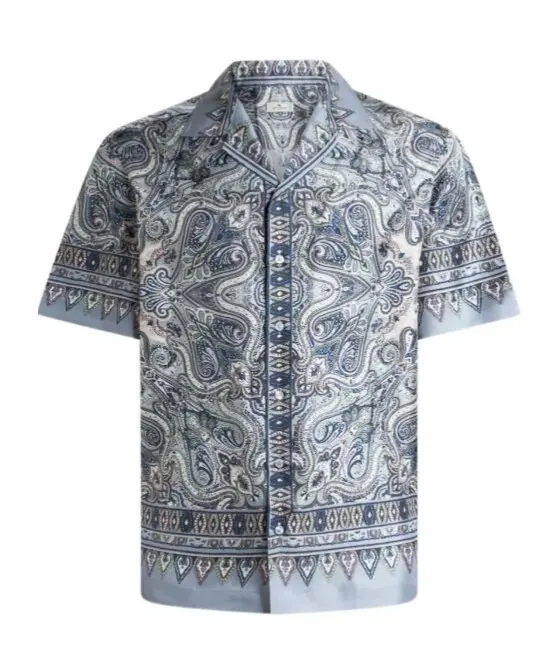 Etro Silk Bowling Shirt With Placed Pocket-square Paisley Print - Gray
