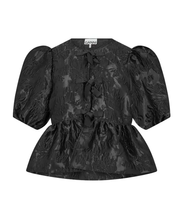 GANNI Textured Puff Sleeve Peplum Top