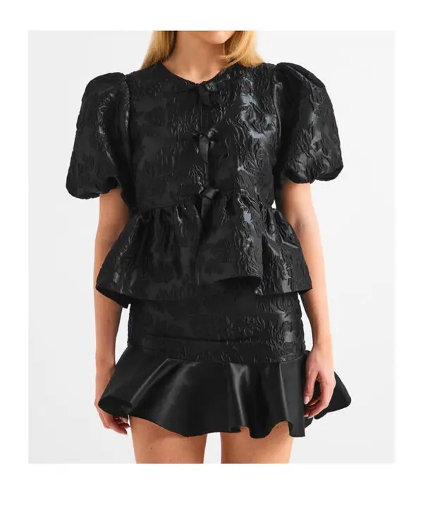 GANNI Textured Puff Sleeve Peplum Top