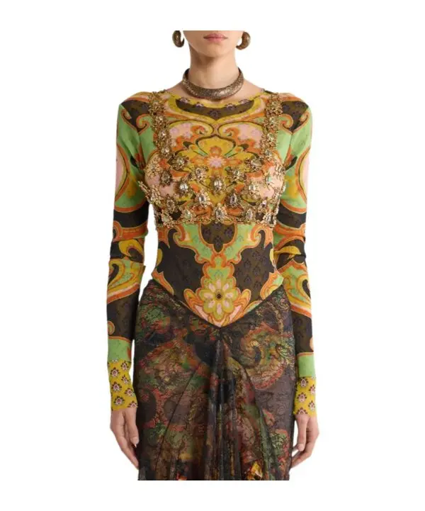 Etro Embellished V-neck Sheer Top