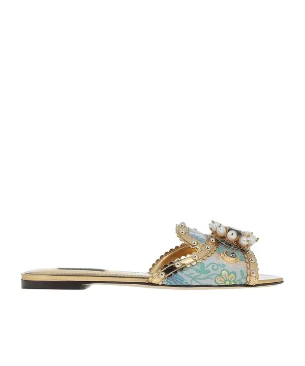 Dolce & Gabbana Embellished Jacquard Slide Sandals - Nude