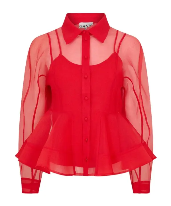 GANNI Peplum Blouse With Sheer Sleeves