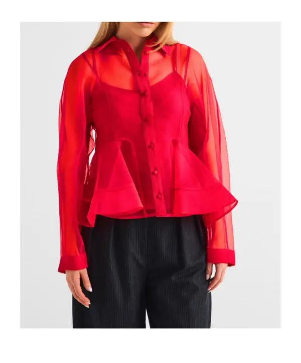 GANNI Peplum Blouse With Sheer Sleeves