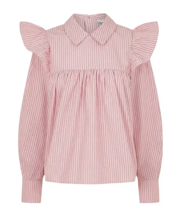 GANNI Striped Frill Blouse - Pink