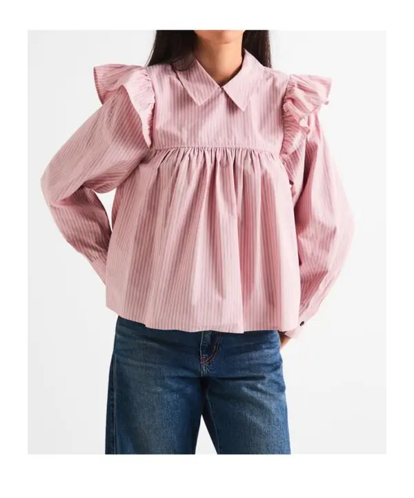 GANNI Striped Frill Blouse - Pink