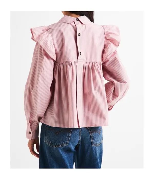 GANNI Striped Frill Blouse - Pink