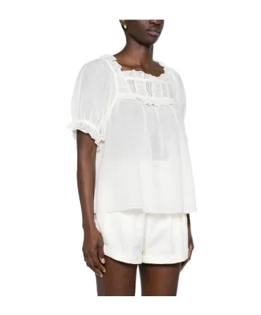 DÔEN Lace-detailed Puff-sleeve Blouse