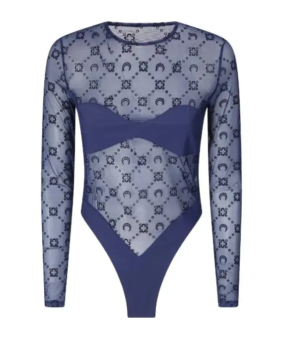 MARINE SERRE Moonogram Flock-print Mesh Bodysuit - Blue