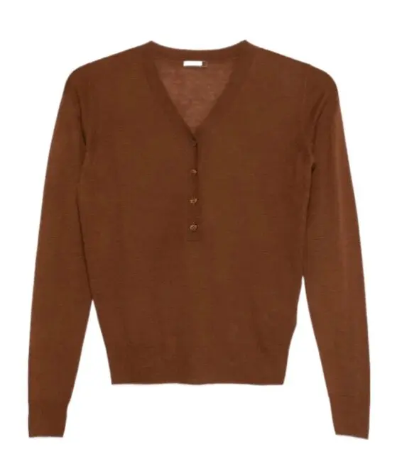 JOSEPH V-neck Fine Knit Buttoned Sweater - Brown