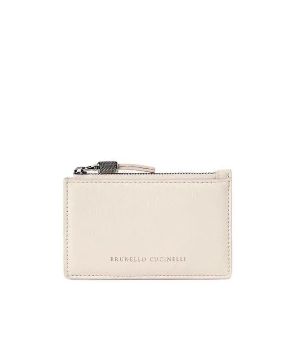 Brunello Cucinelli Grained Leather Card Case With Shiny Zipper Pull