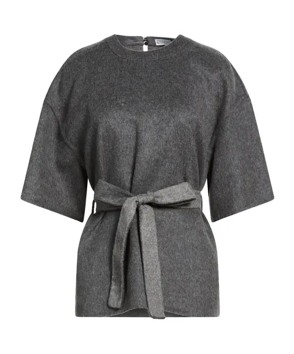 Brunello Cucinelli Wool Crewneck Short Sleeve Belted Top
