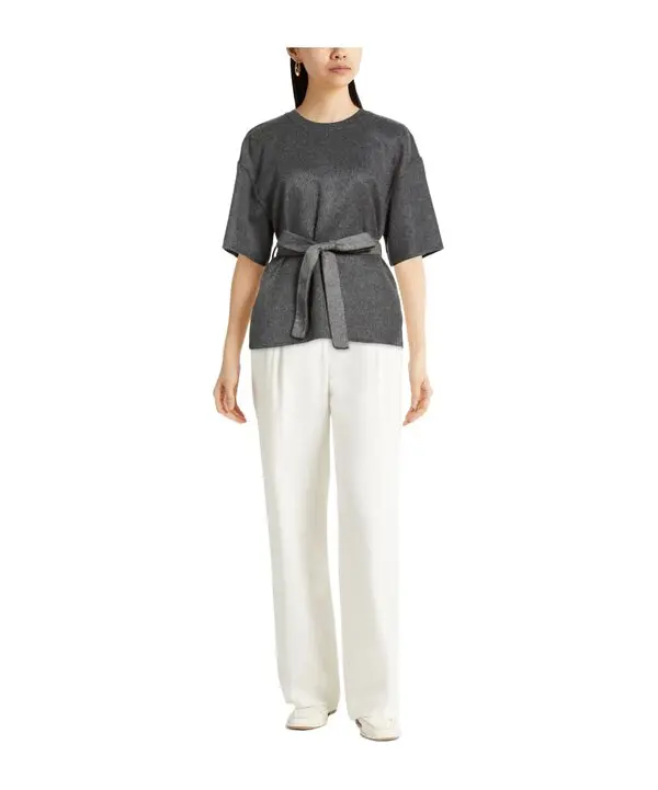 Brunello Cucinelli Wool Crewneck Short Sleeve Belted Top
