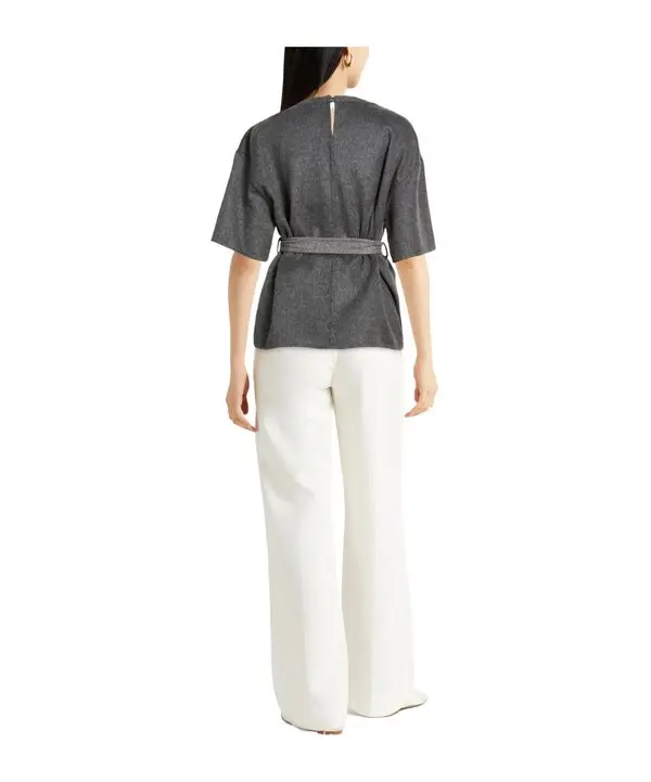 Brunello Cucinelli Wool Crewneck Short Sleeve Belted Top