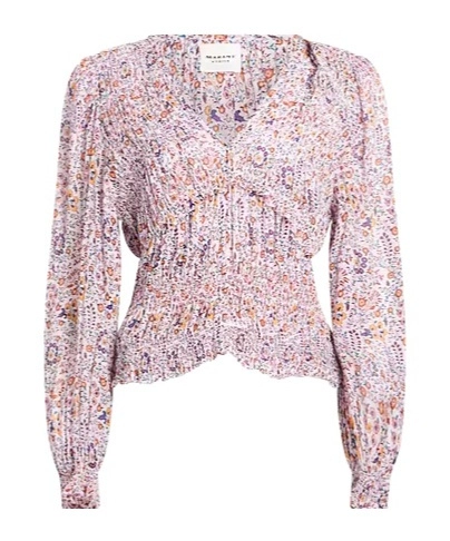 Isabel Marant Étoile Floral Print Crepe Long Sleeve V-neck Top