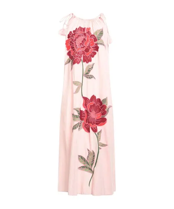 Farm Rio Sleeveless Maxi Dress With Floral Appliqué And Tassels - Pink