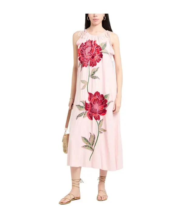 Farm Rio Sleeveless Maxi Dress With Floral Appliqué And Tassels