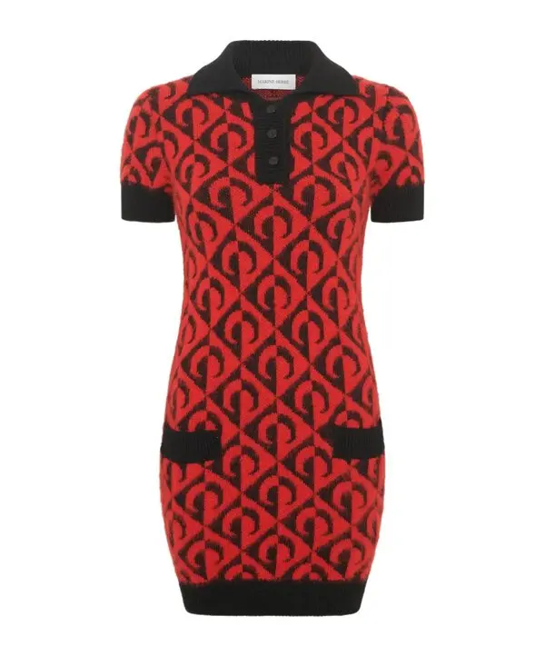 MARINE SERRE Moon Lozenge-knit Polo Dress - Red