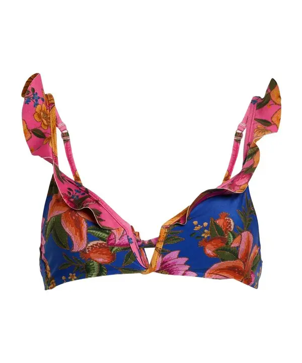 Farm Rio Floral Triangle Bikini Top With Ruffles - Blue