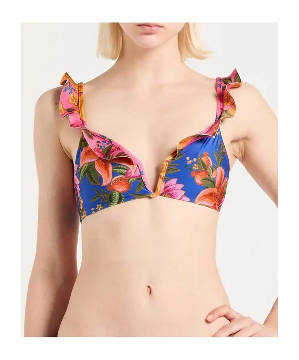 Farm Rio Floral Triangle Bikini Top With Ruffles