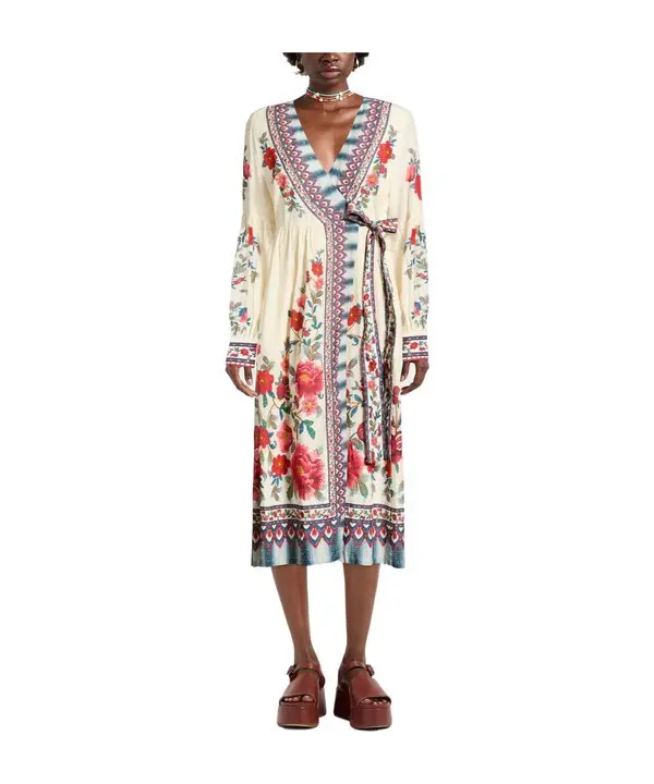 Farm Rio Floral Print Long Sleeve Wrap Dress