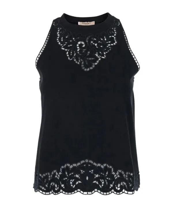 TWINSET Sleeveless Halter Neck Top With Cutwork Lace Trim - Black