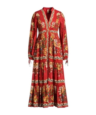 Farm Rio Flared Floral Print Satin Lace Maxi Dress