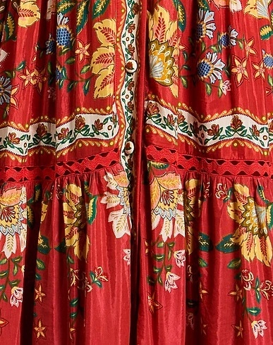 Farm Rio Flared Floral Print Satin Lace Maxi Dress