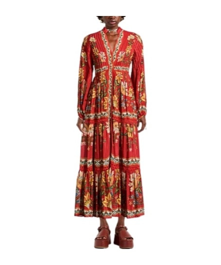 Farm Rio Flared Floral Print Satin Lace Maxi Dress